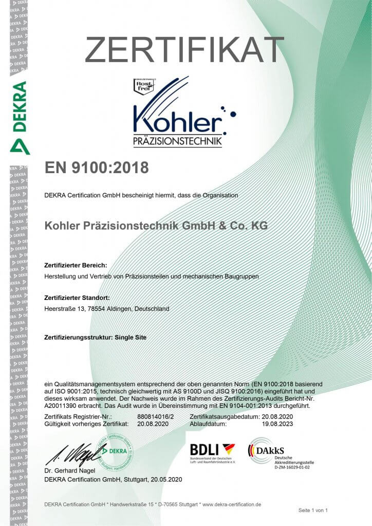 Zertifikate » Kohler Präzisionstechnik